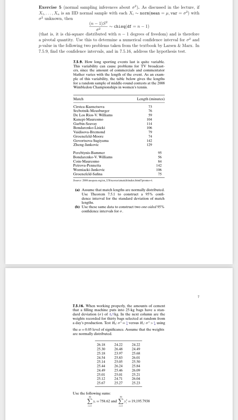 Solved Exercise 5 (normal sampling inferences about σ2 ). | Chegg.com
