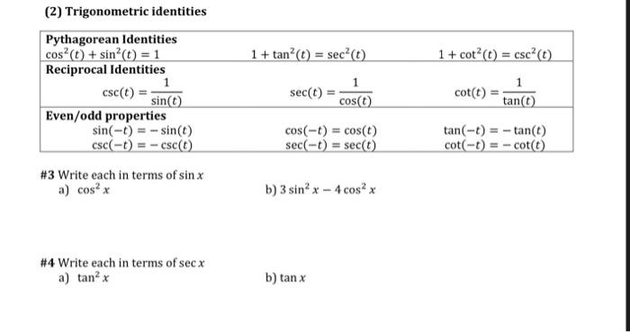 Solved (2) Trigonometric identities \#3 Write each in terms | Chegg.com