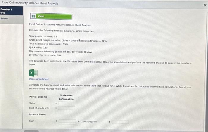 Excel Online Structured Activity: Balance Sheet | Chegg.com