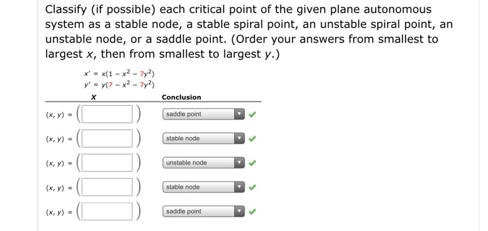 Solved Classify (if possible) each critical point of the | Chegg.com
