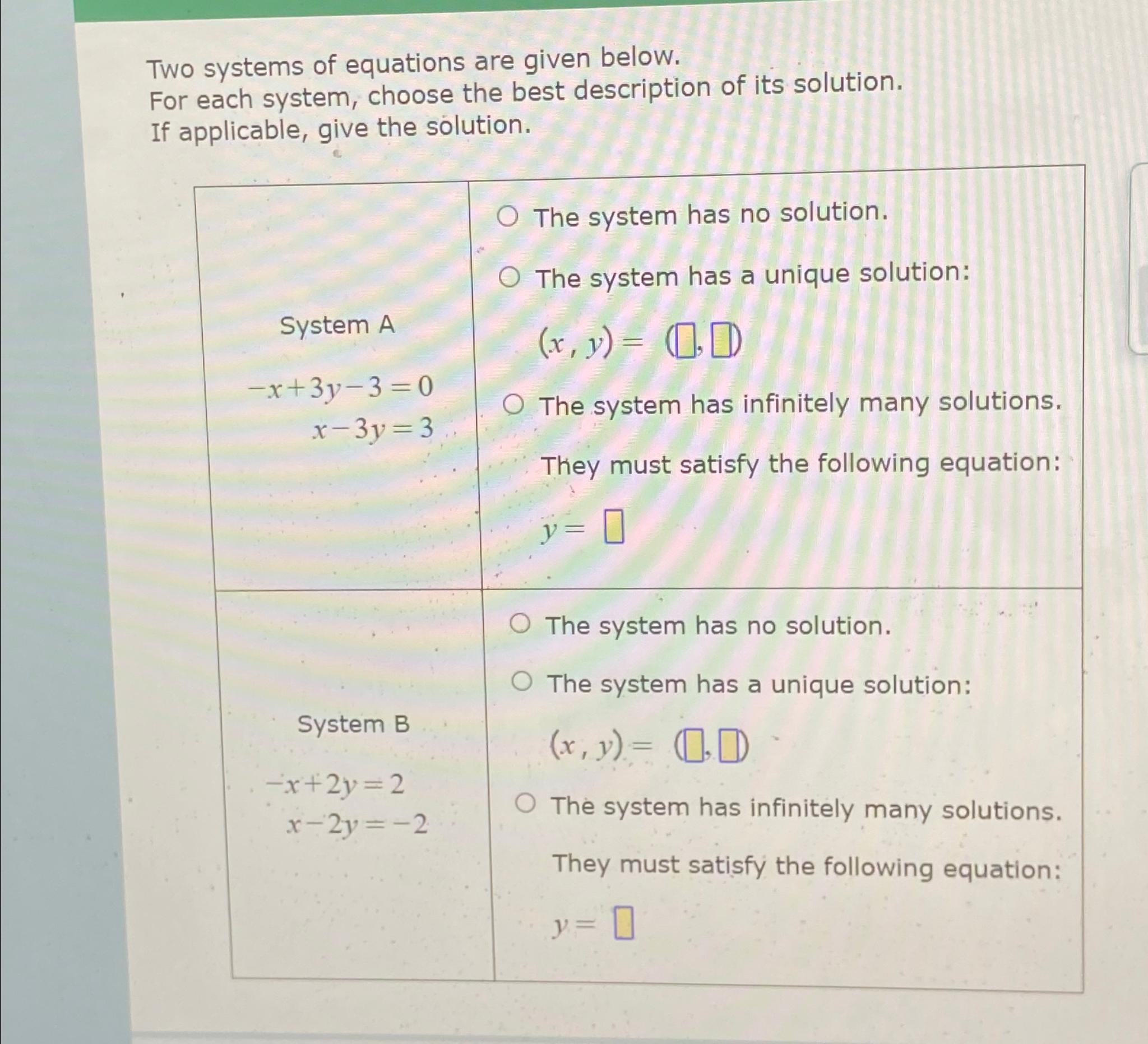 Solved Two systems of equations are given below.For each | Chegg.com