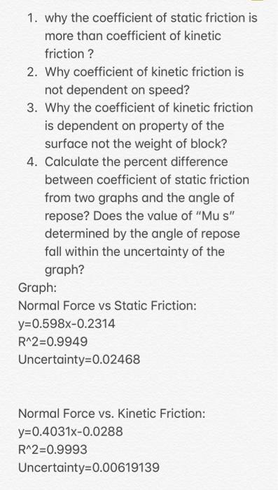 Solved 1. why the coefficient of static friction is more | Chegg.com