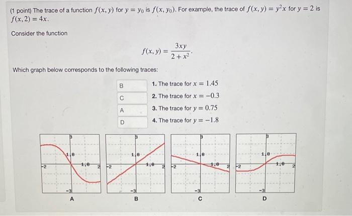 Solved (1 point) The trace of a function f(x,y) for y=y0 is | Chegg.com