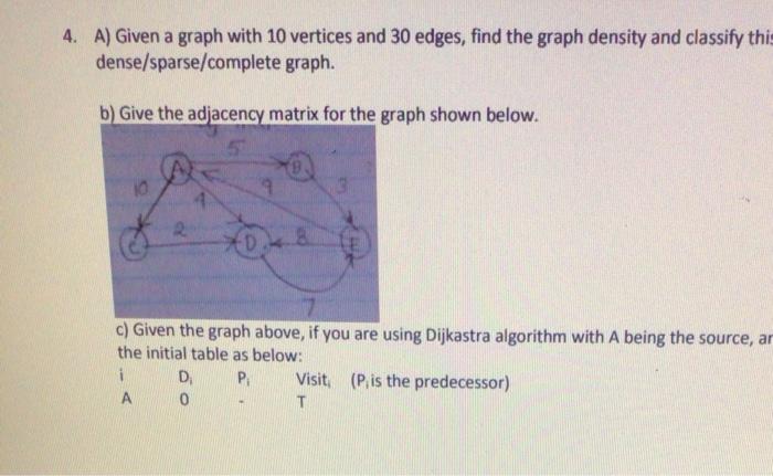 Solved 4. A) Given a graph with 10 vertices and 30 edges, | Chegg.com