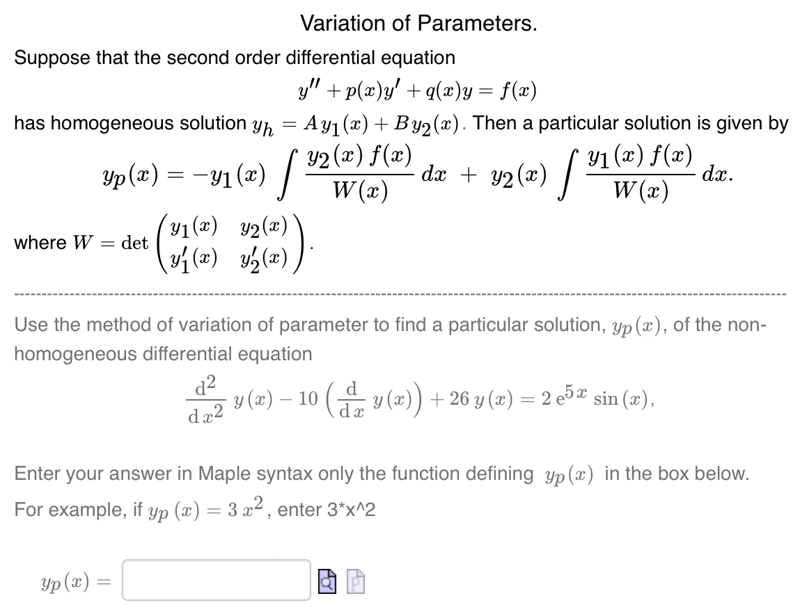 Solved Variation of Parameters.Suppose that the second order | Chegg.com