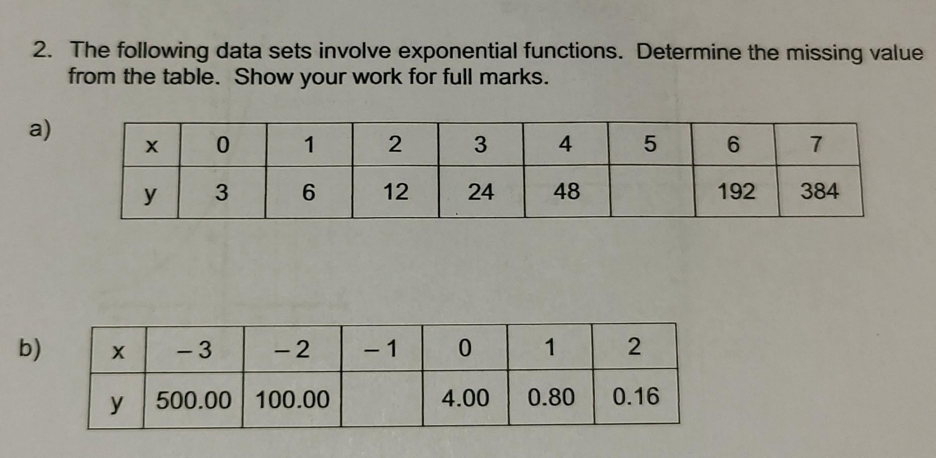 Solved 2. The following data sets involve exponential | Chegg.com
