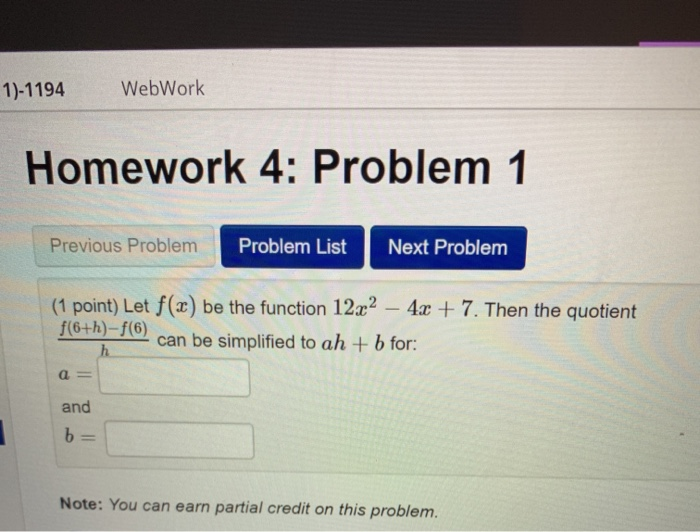Solved 1)-1194 WebWork Homework 4: Problem 1 Previous | Chegg.com