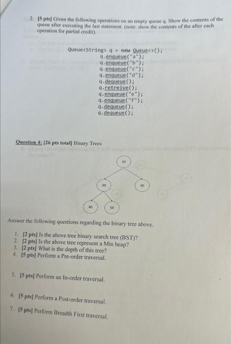 2. [5 pts] Given the following operations on an empty | Chegg.com