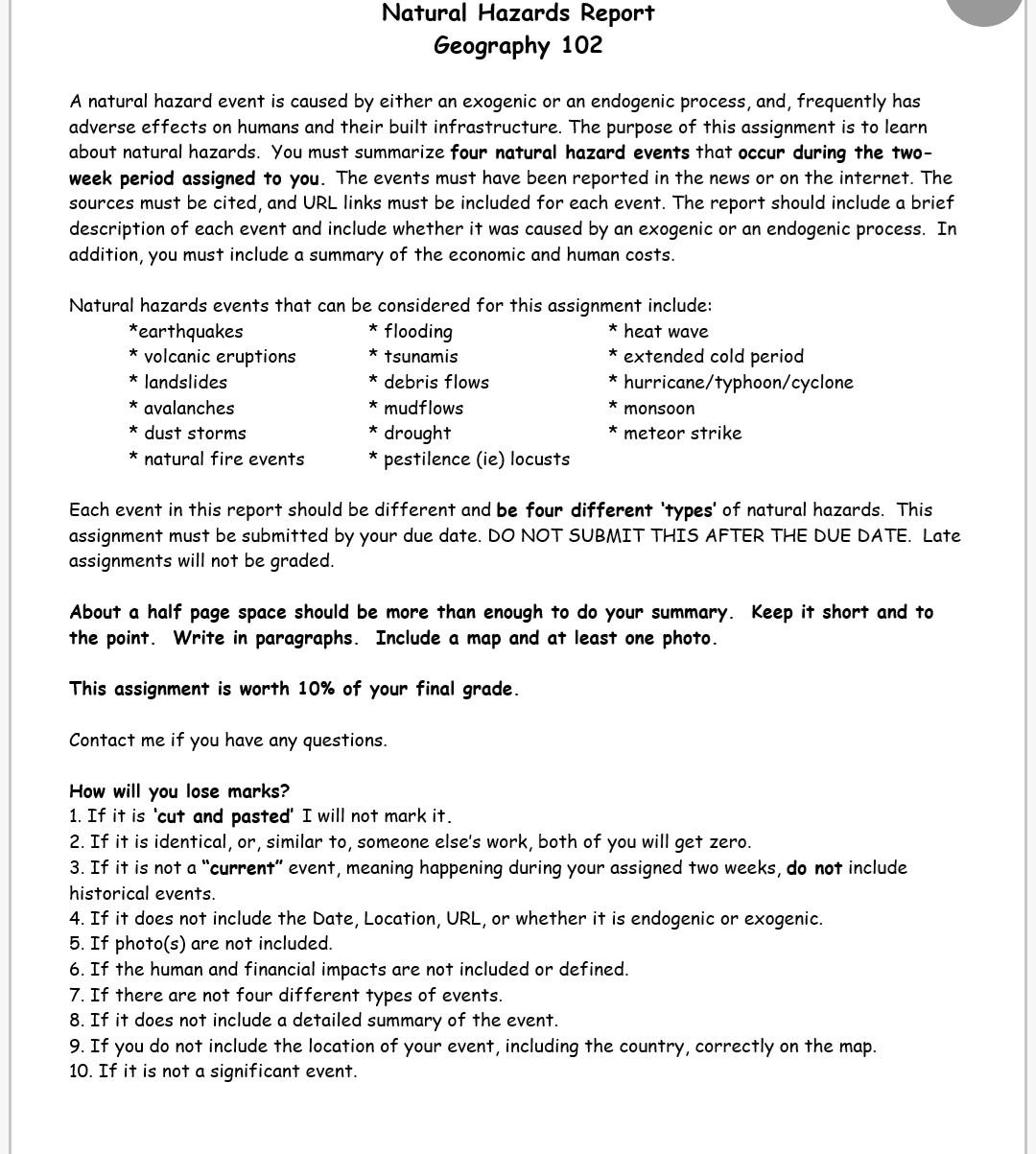 Natural Hazards Report Geography 102 A natural hazard | Chegg.com