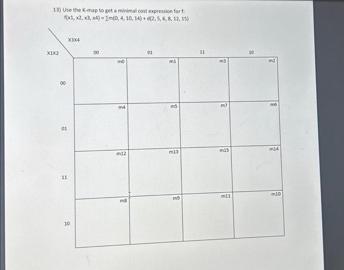 Solved 13) Use the K-map to get a minimal cost expression | Chegg.com