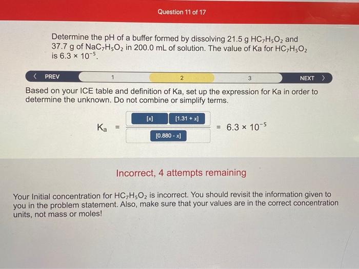 Solved Question 11 of 17 Determine the pH of a buffer formed | Chegg.com