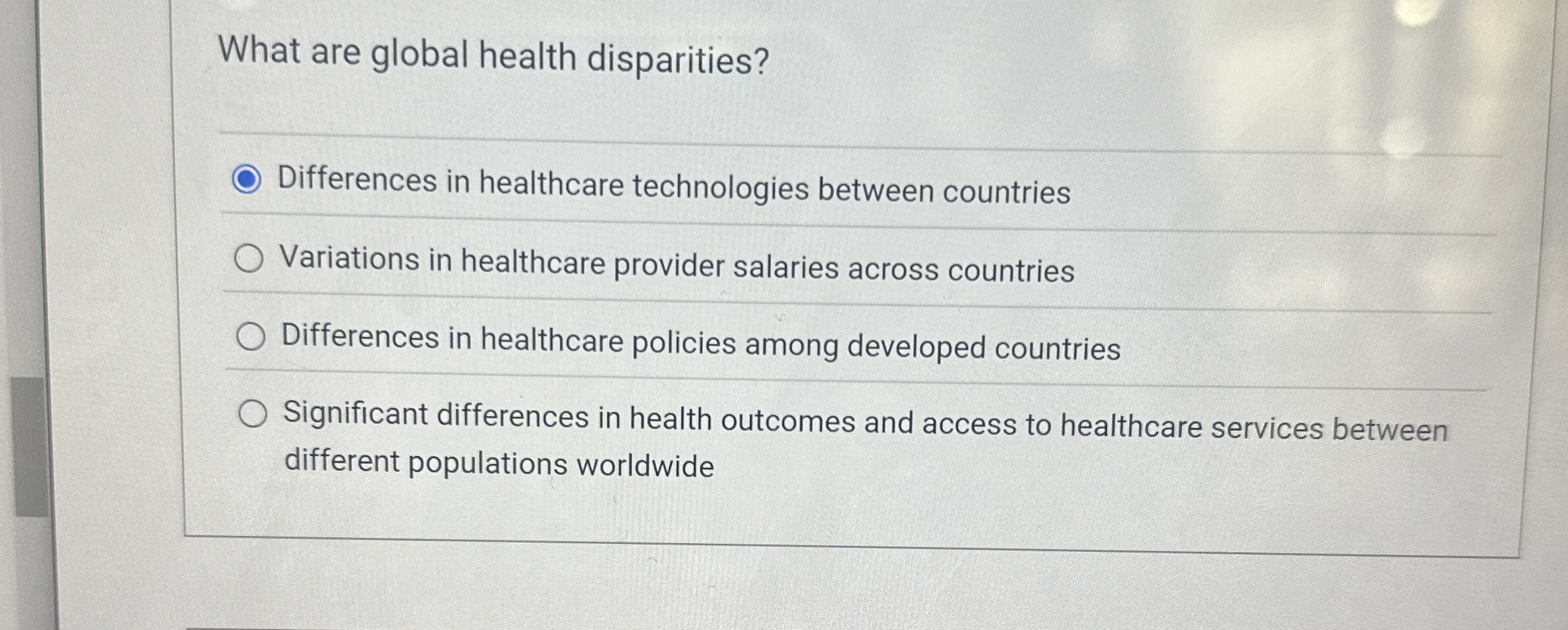 Solved What are global health disparities?Differences in | Chegg.com