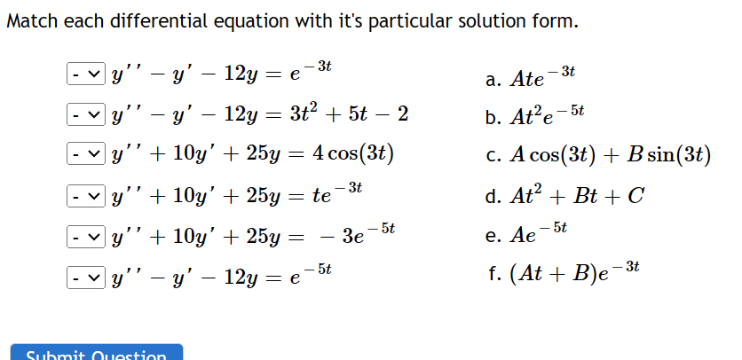 Solved Match each differential equation with it's particular | Chegg.com