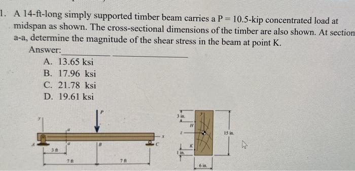 Solved A 14-ft-long simply supported timber beam carries a | Chegg.com