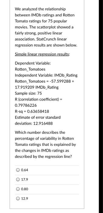 Solved We analyzed the relationship between IMDb ratings and | Chegg.com