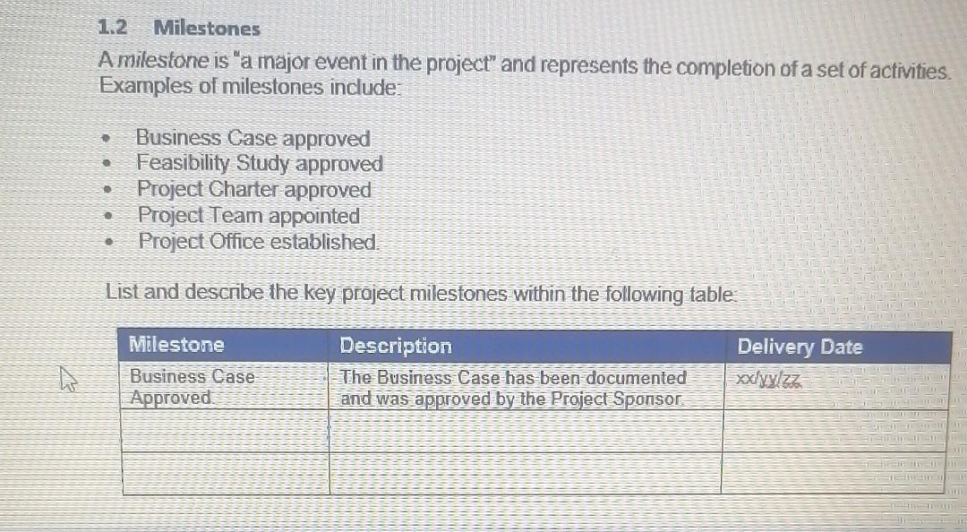 Solved 1.2 Milestones A milestone is "a major event in the | Chegg.com