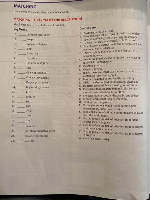 Solved MATCHING Use choices only once unless otherwise | Chegg.com