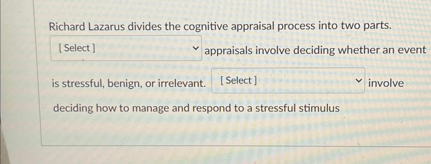 Solved Richard Lazarus divides the cognitive appraisal | Chegg.com