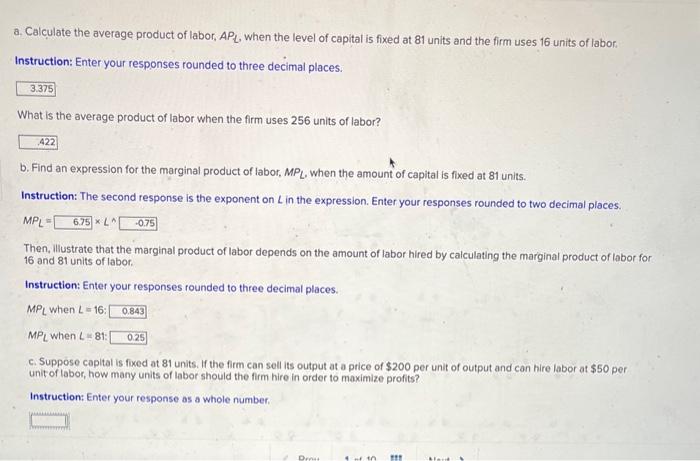 Solved a. Calculate the average product of labor, APt. when | Chegg.com
