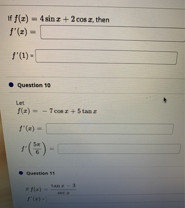 Solved If f(x) = 4 sin x + 2 cos 2, then f'(2) = f'(1) - | Chegg.com