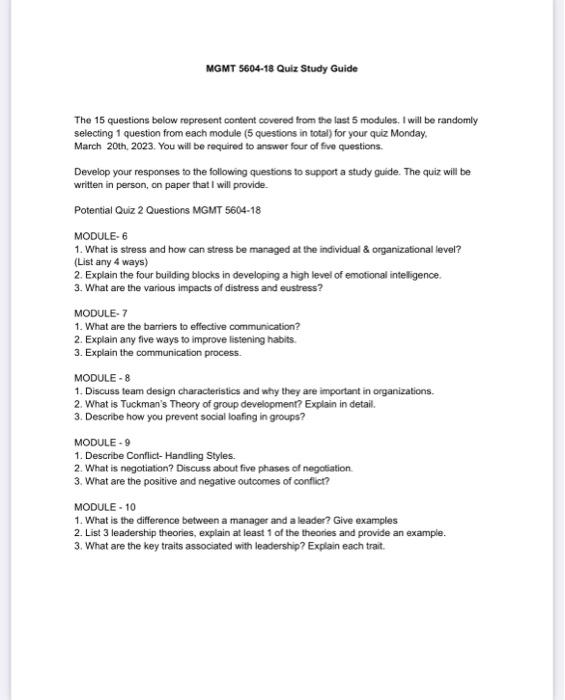 Solved MGMT 5604-18 Quix Study Guide The 15 questions below | Chegg.com