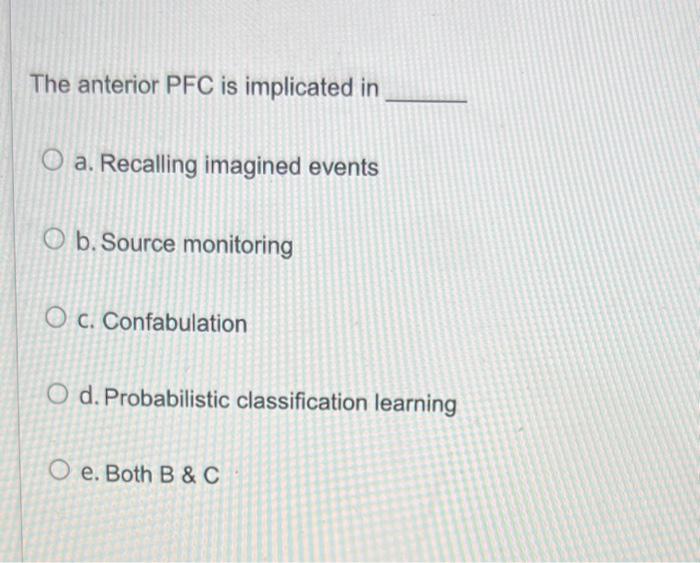 Solved The anterior PFC is implicated in a. Recalling | Chegg.com