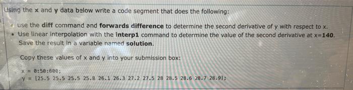 Using the x and y data below write a code segment | Chegg.com