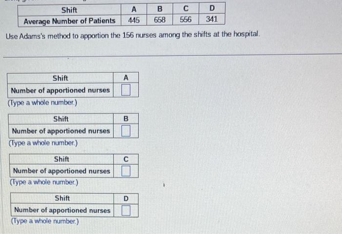 Use Adams's method to apportion the 156 nurses | Chegg.com