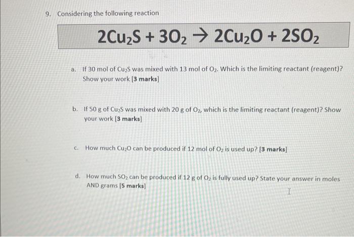 Solved 9. Considering the following reaction 2Cu2 | Chegg.com