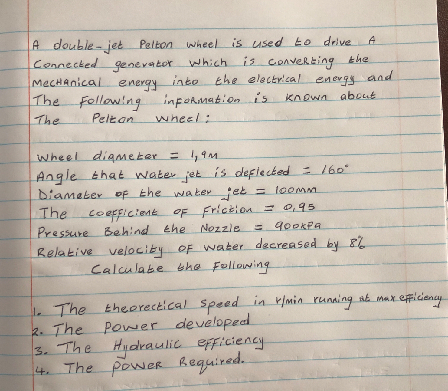 Solved A double-jet Pelton wheel is used to drive A | Chegg.com