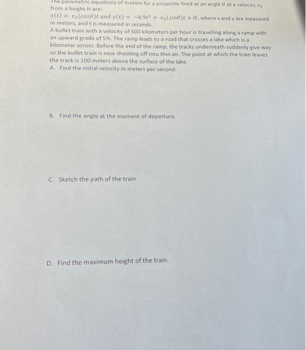 Solved The parametric equations of motion for a projectile | Chegg.com