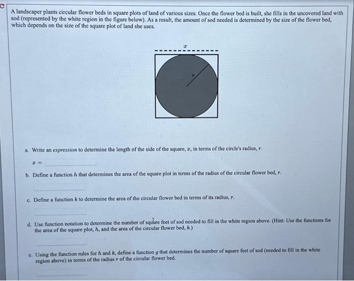 Solved A landscaper plants circular flower beds in square | Chegg.com