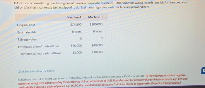 Solved BAK Corp, is considering purchasing one of two new | Chegg.com