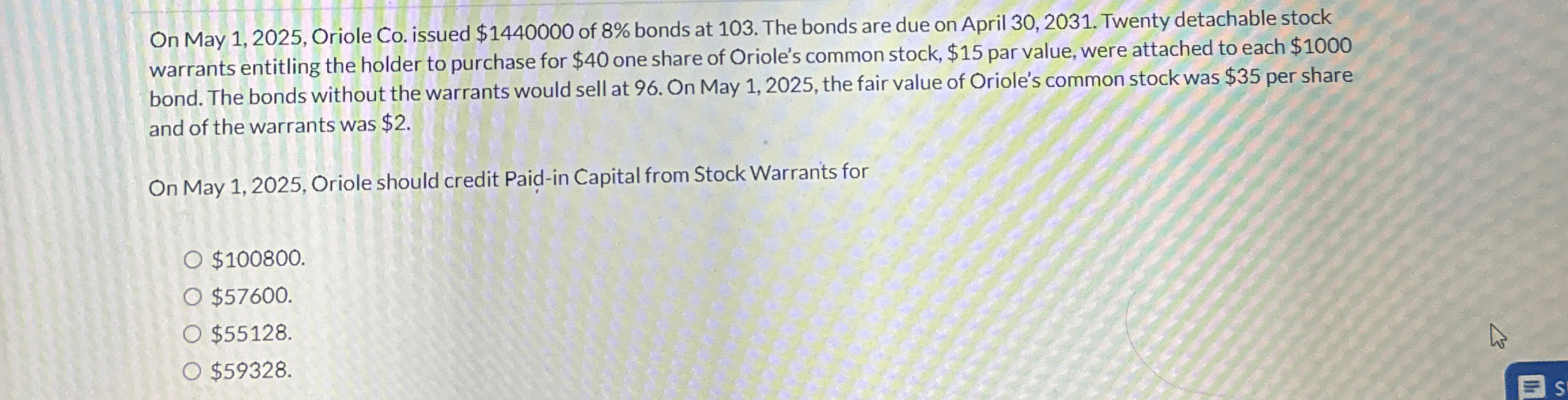Solved On May 1, 2025, ﻿Oriole Co. ﻿issued $1440000 ﻿of 8% | Chegg.com