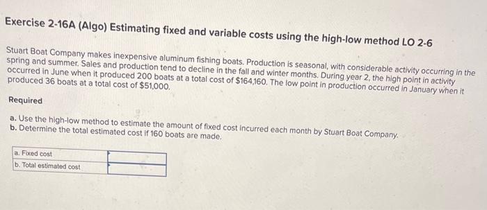 Solved Exercise 2-16A (Algo) Estimating fixed and variable | Chegg.com