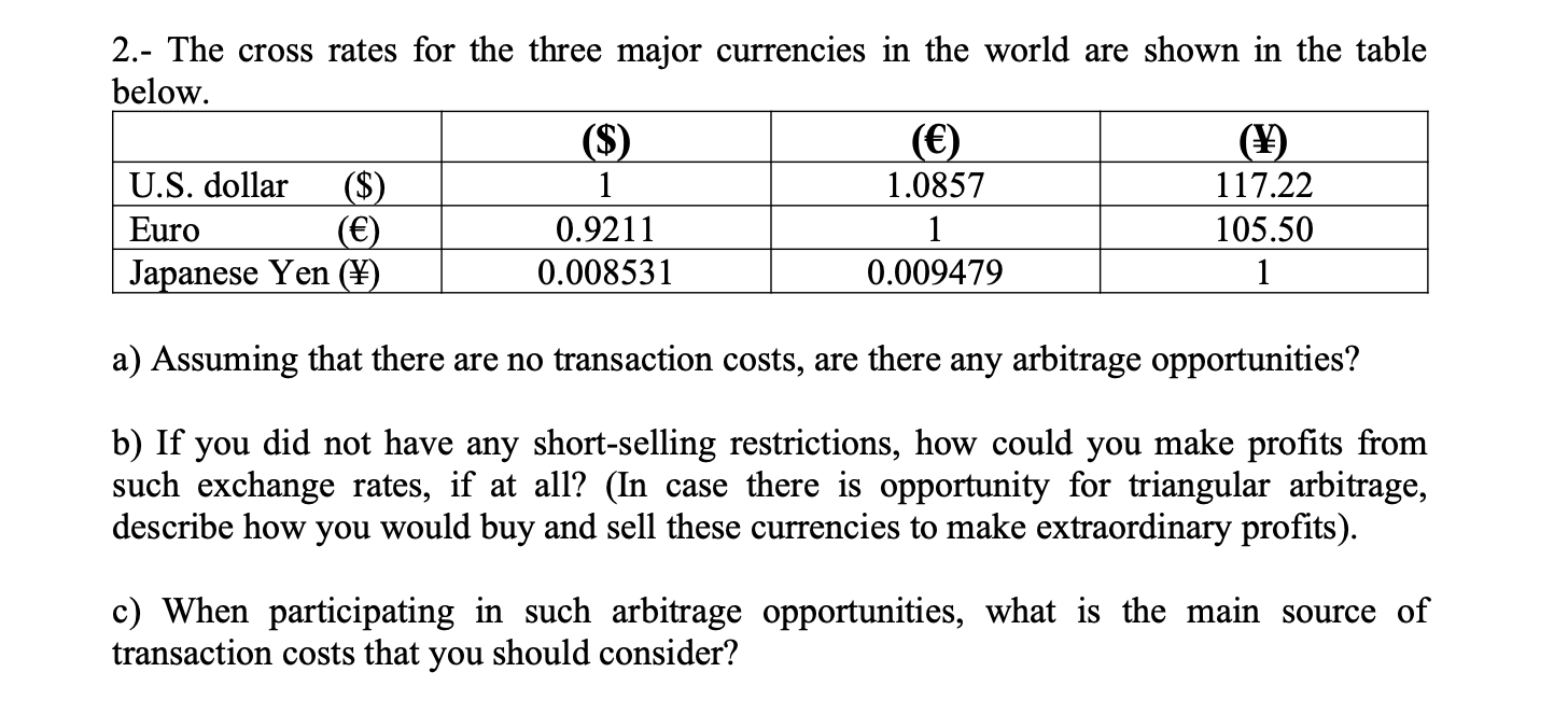 Solved 2.- ﻿The cross rates for the three major currencies | Chegg.com