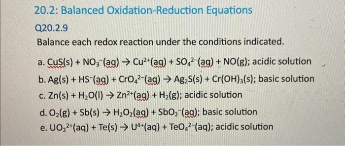 Solved 20.2: Balanced Oxidation-Reduction Equations Q20.2.9 | Chegg.com