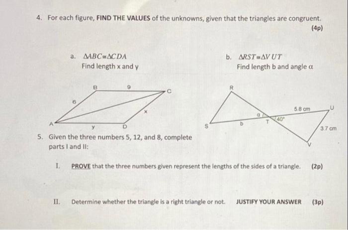Solved 4. For each figure, FIND THE VALUES of the unknowns, | Chegg.com