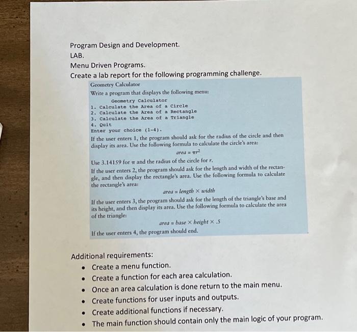 Solved Program Design and Development. LAB. Menu Driven | Chegg.com