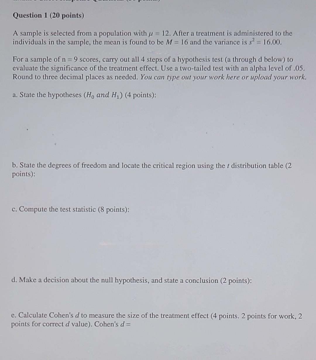 Solved Question 1 (20 points) A sample is selected from a | Chegg.com