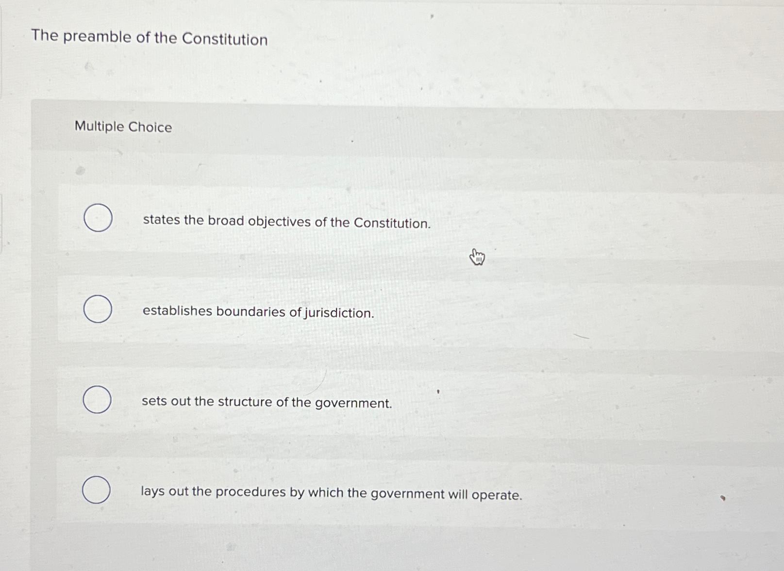 Solved The preamble of the ConstitutionMultiple Choicestates | Chegg.com