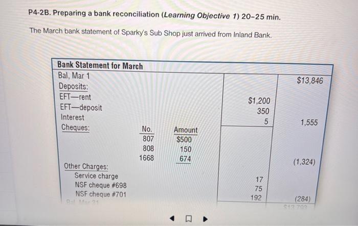 Solved P4-2B. Preparing a bank reconciliation (Learning | Chegg.com