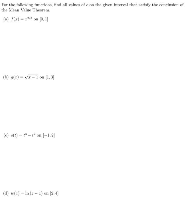 Solved For the following functions, find all values of c on | Chegg.com