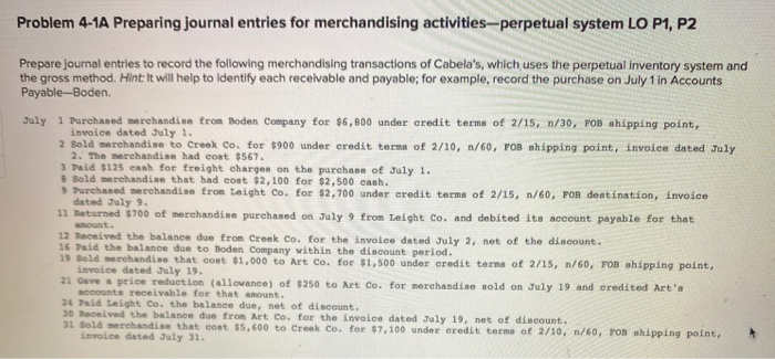 Solved Problem 4-1A Preparing journal entries for | Chegg.com
