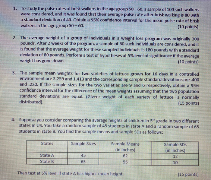 Solved 1. To study the pulse rates of brisk walkers in the | Chegg.com