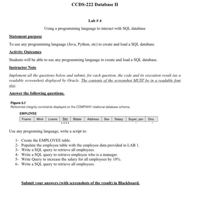 Solved CCDS-222 Database II Lab# 4 Using a programming | Chegg.com