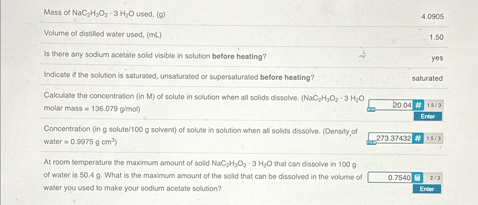 Solved please help!! Mass of NaC2H3O2*3H2O ﻿used, | Chegg.com