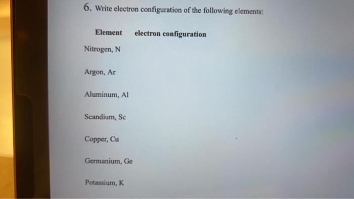 Solved 6. Write electron configuration of the following | Chegg.com