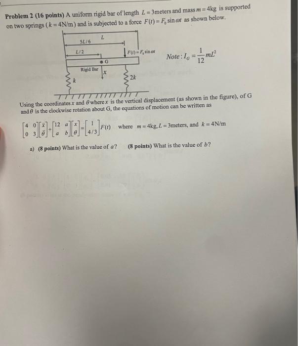 Solved Problem 2 (16 points) A uniform rigid bar of length | Chegg.com