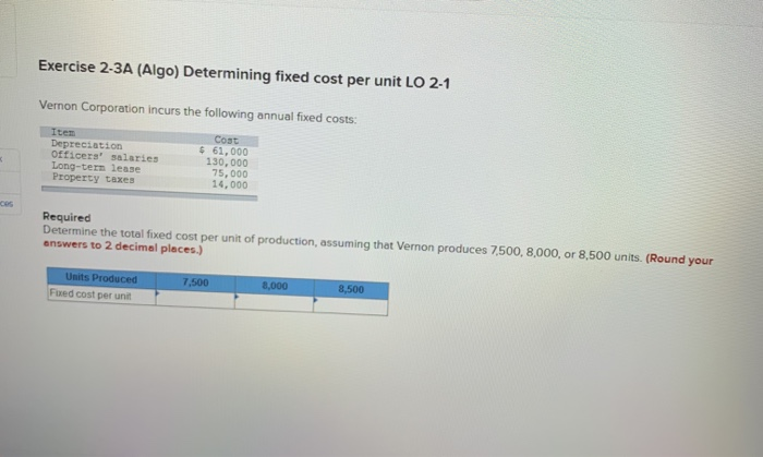 Solved Exercise 2-3A (Algo) Determining fixed cost per unit | Chegg.com